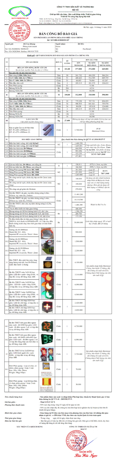 Hai Vu – Quý IV-2020 – Công bố báo giá hộ lan tôn sóng, lan can cầu ...
